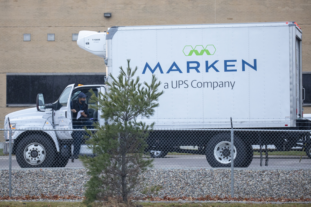 Trucks carrying COVID-19 vaccine depart Pfizer plant in Portage ...