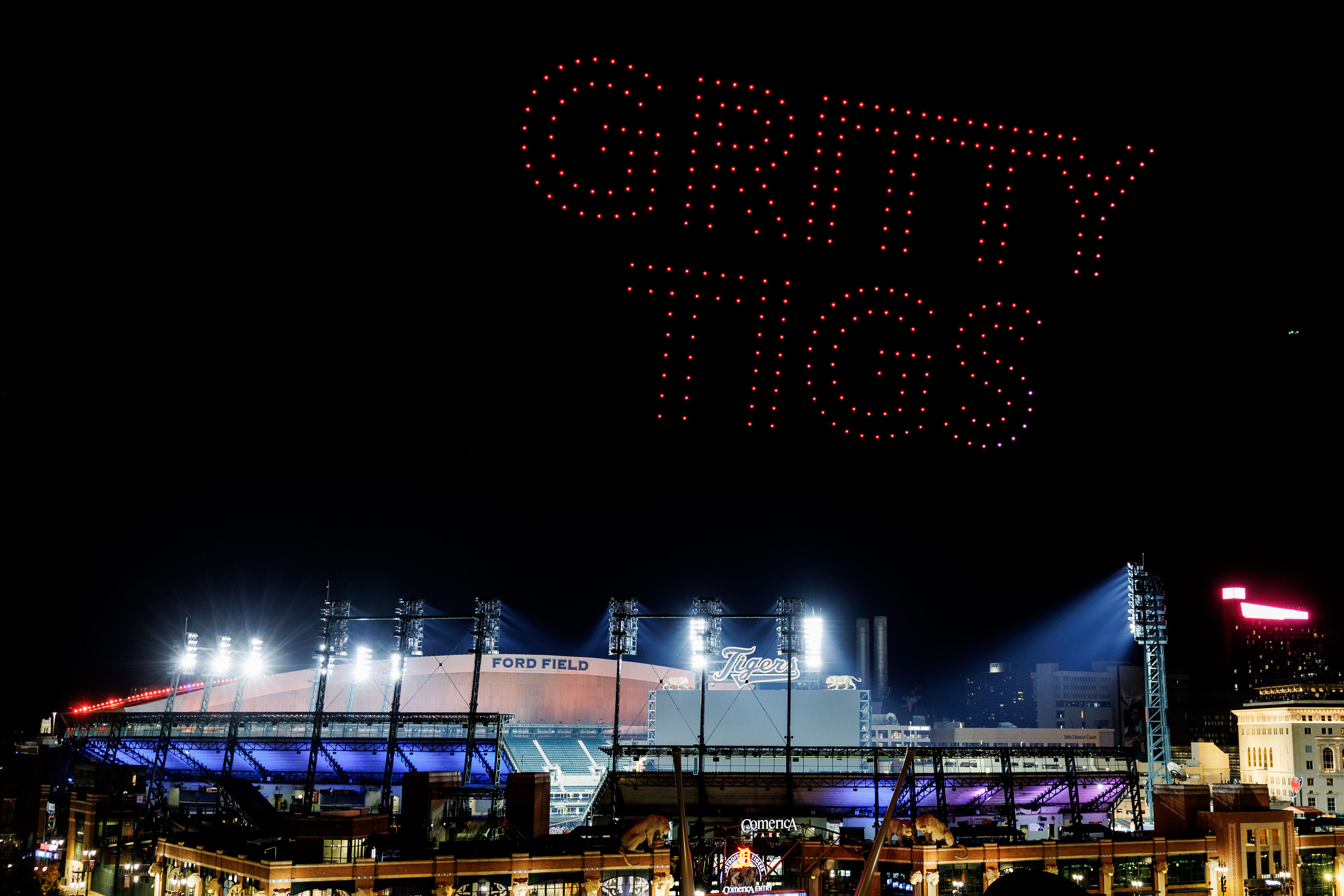 Tigers host free drone show for fans ahead of ALDS games in Detroit ...