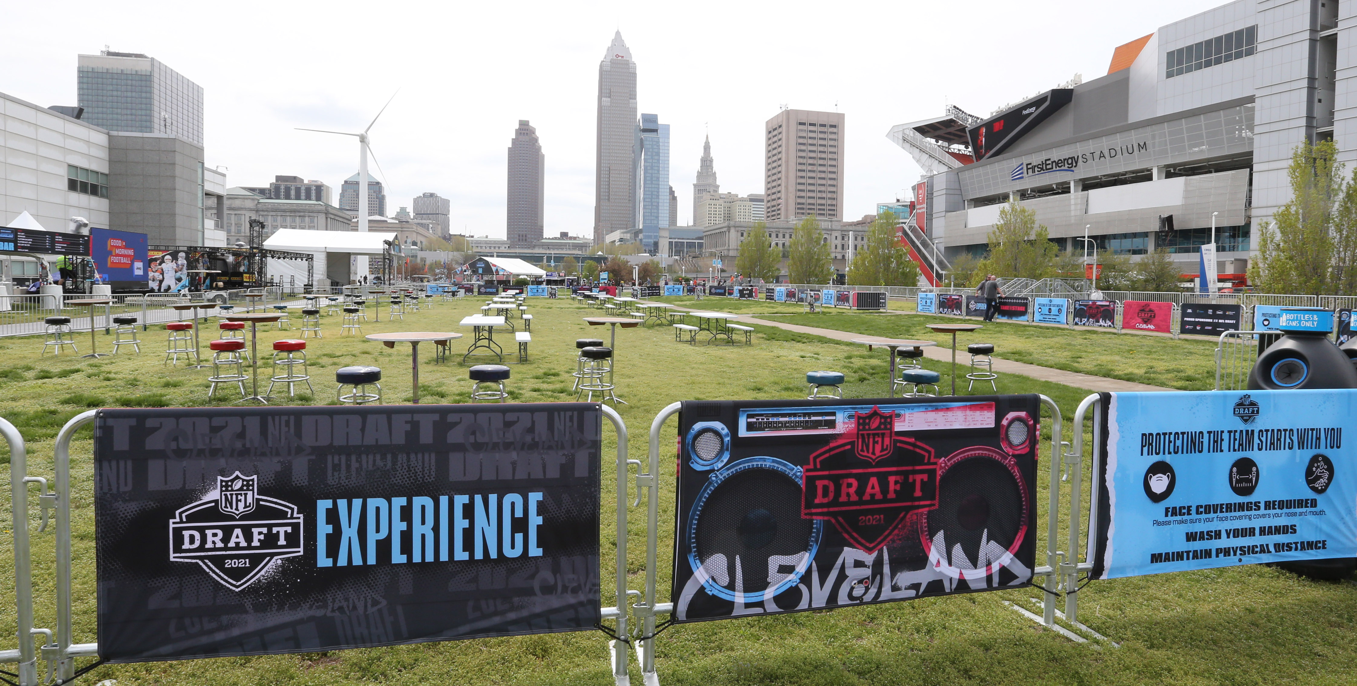 A look in the 2021 NFL Draft compound in Cleveland, April 28, 2021 ...