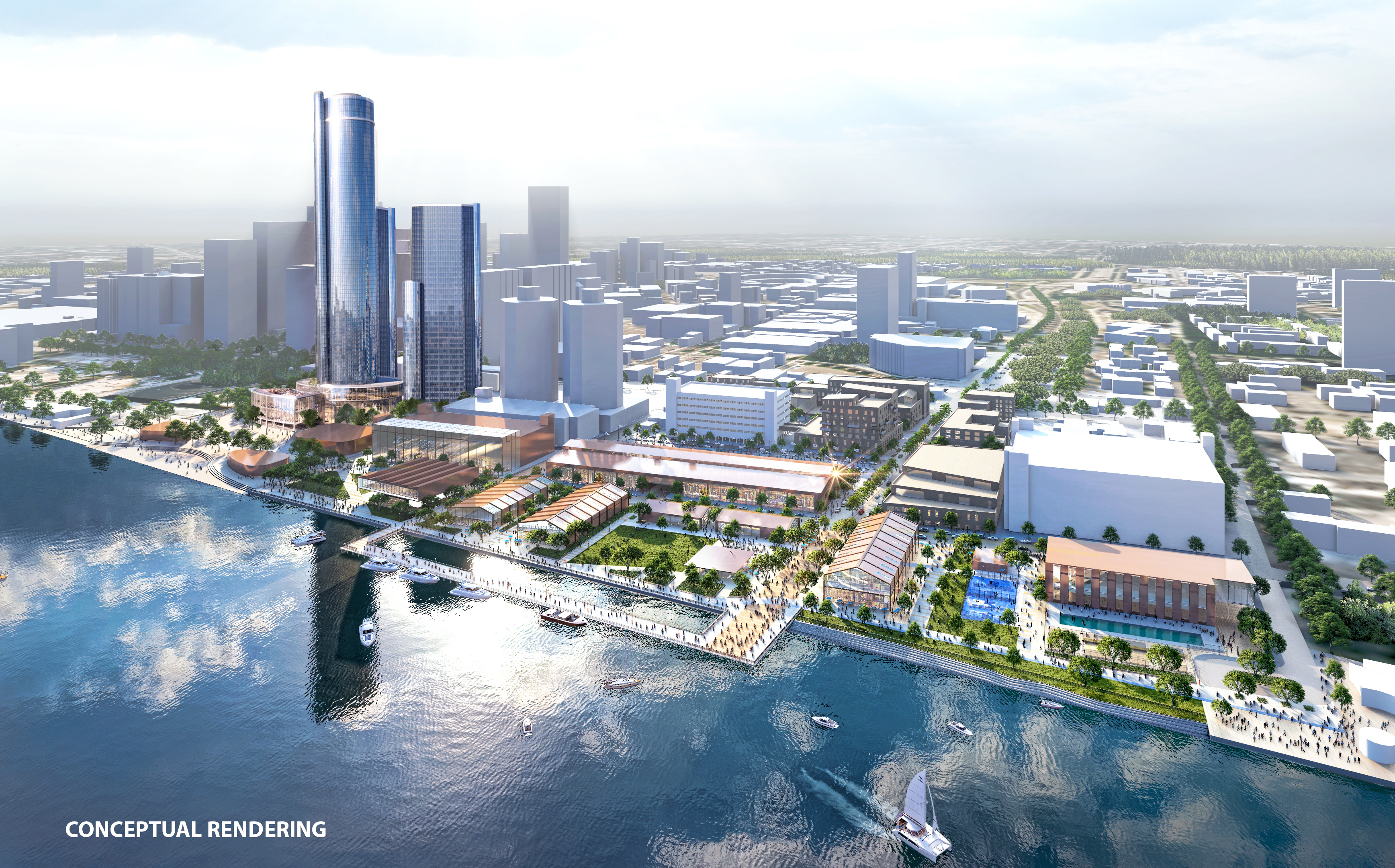 GM redevelopment plans artist rendition of the Renaissance Center and ...