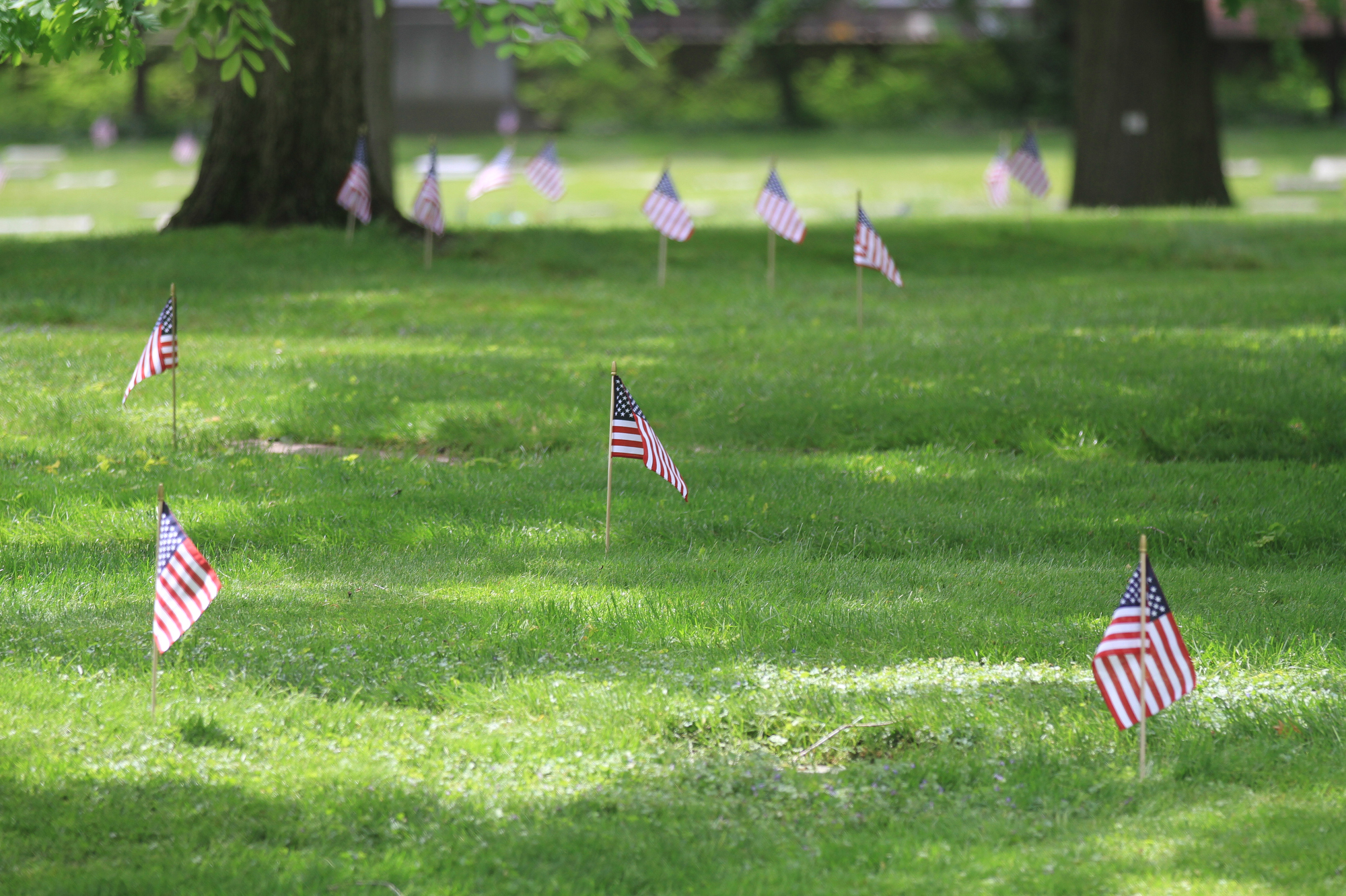 Flags placed on gravesites at Lake View Cemetery for Memorial Day ...