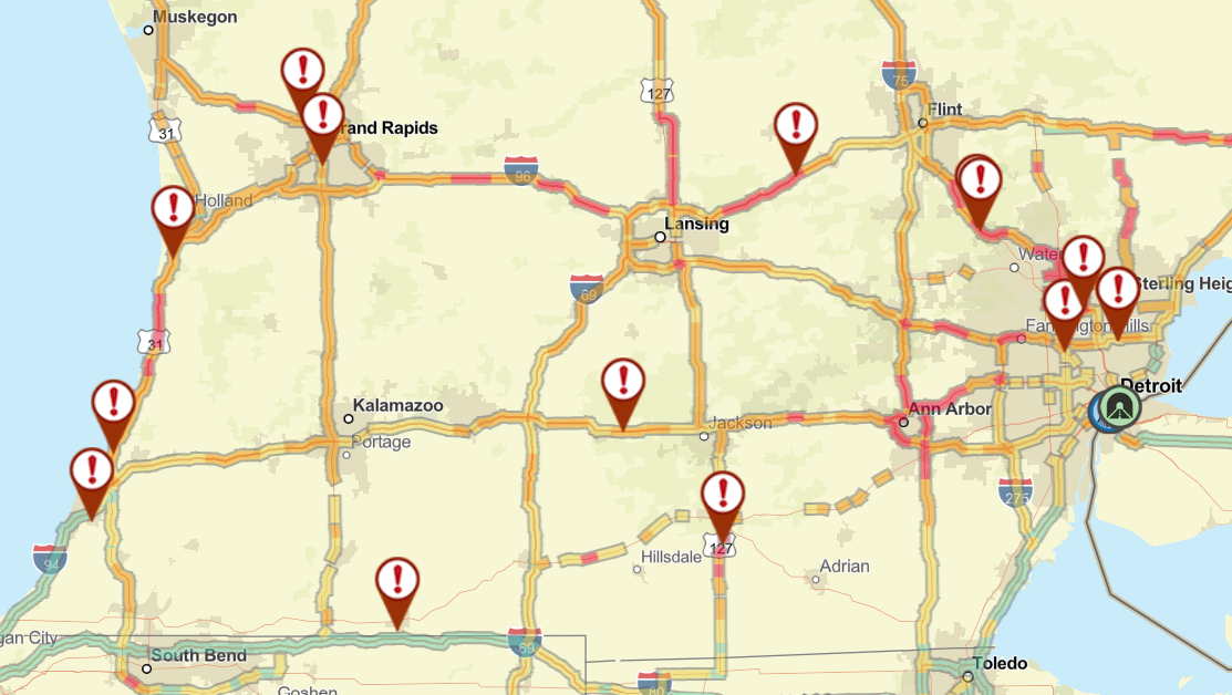 Map shows traffic snarls, crashes across Michigan during winter storm