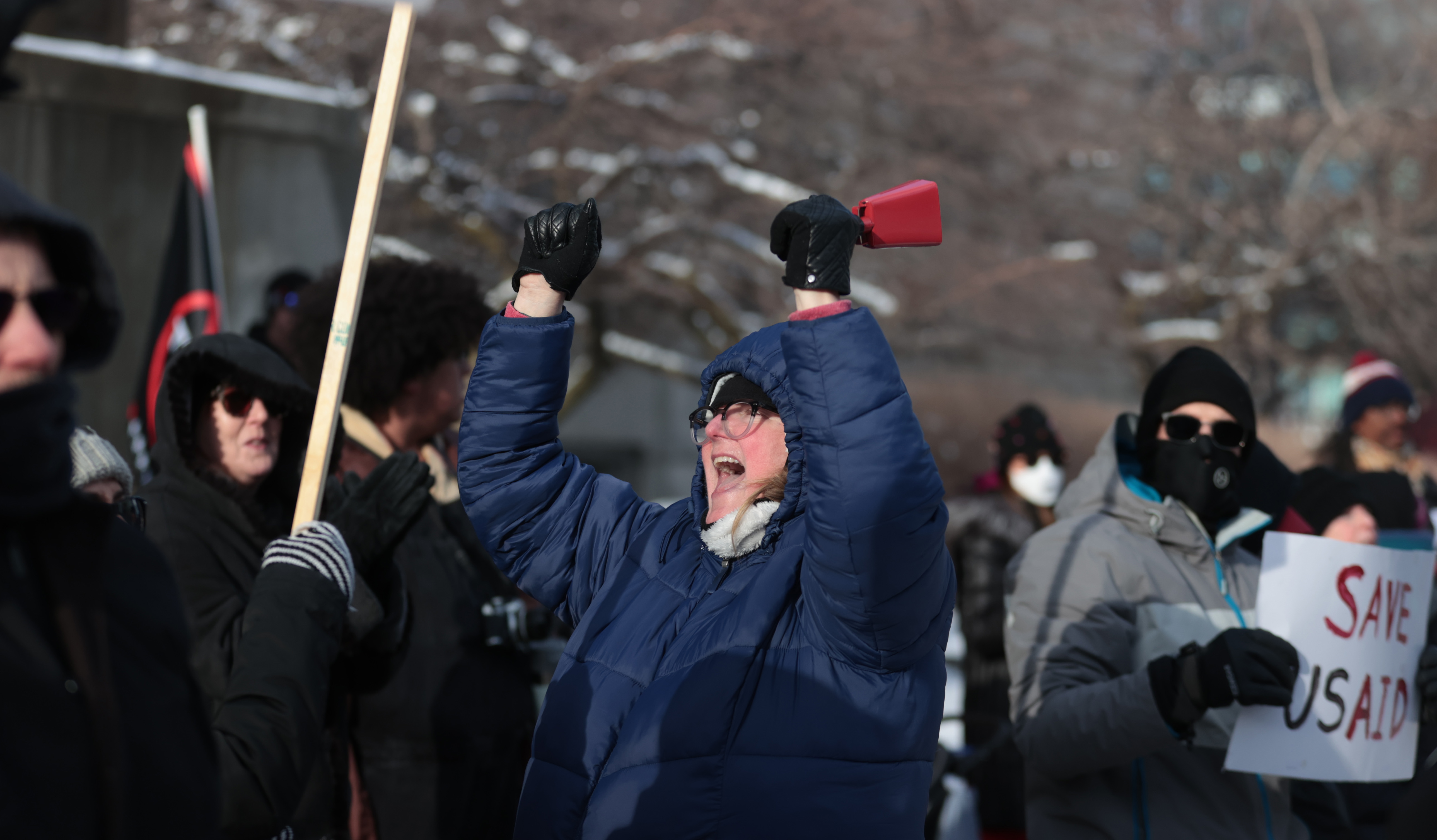 Protestors agaisnt DOGE gather at City Hall, February 17, 2025 ...