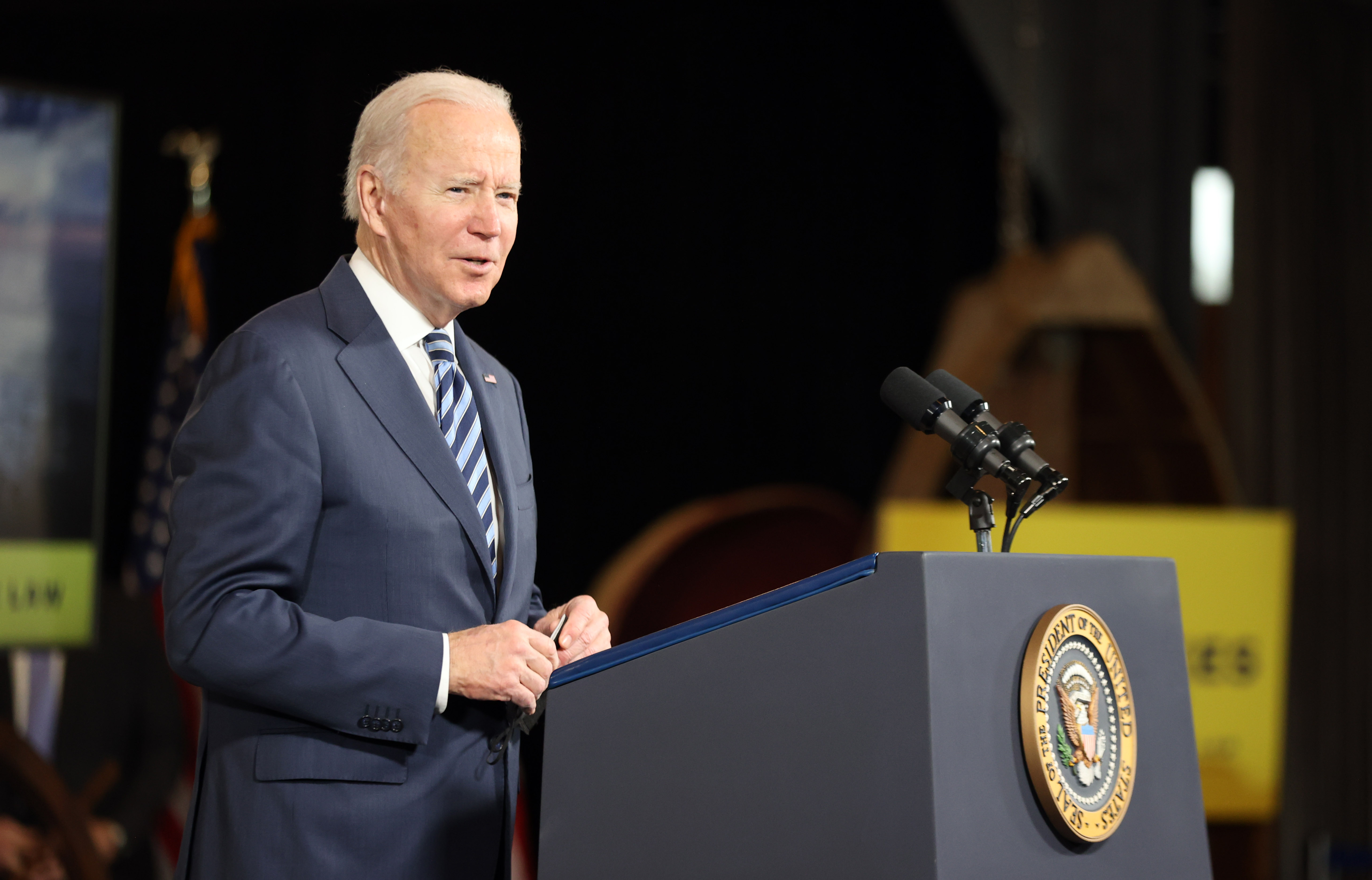 President Joe Biden speaks at the Shipyards in Lorain, February 17 ...