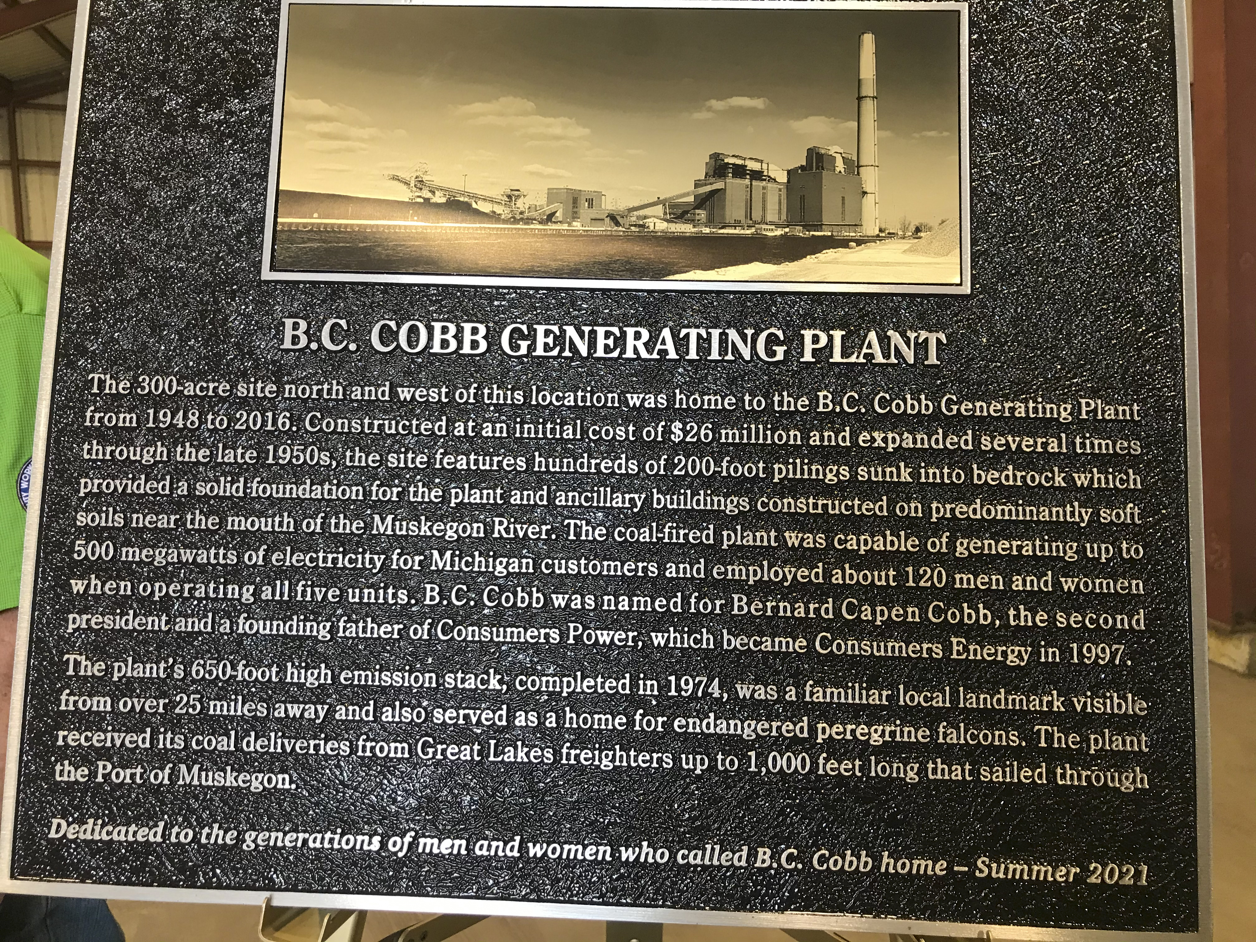 Memorial plaque honors those who operated the B.C. Cobb Power Plant ...