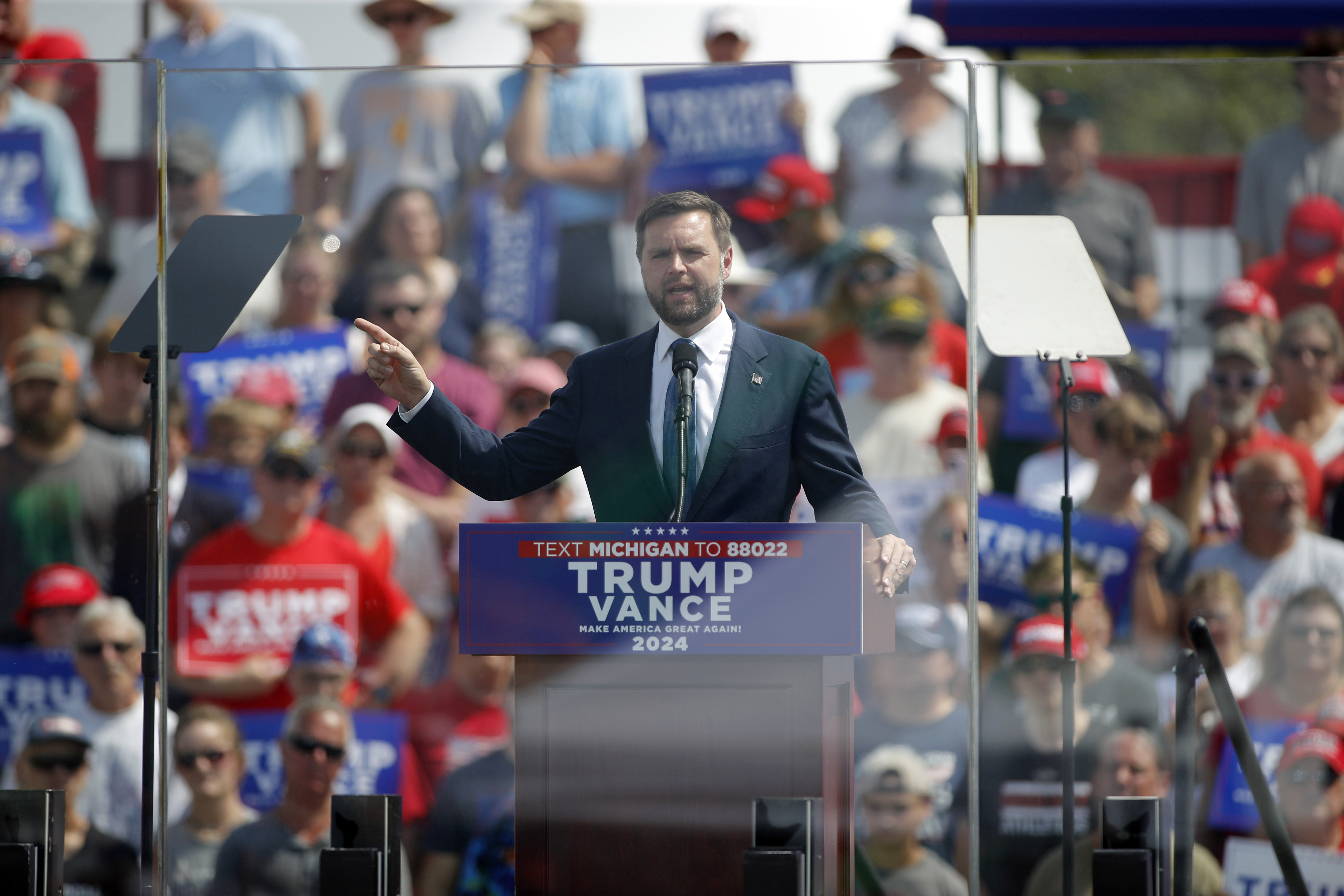 Republican vice presidential nominee Sen. JD Vance speaks in Big Rapids ...