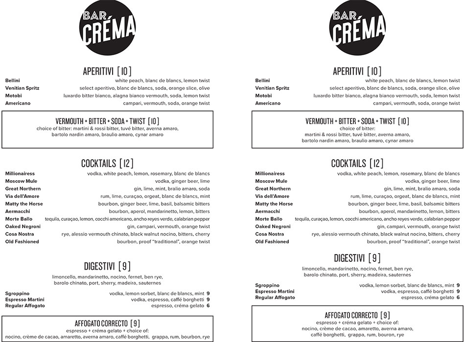 Take a look at the menus for Bar Americano, Bar Crema now open in ...