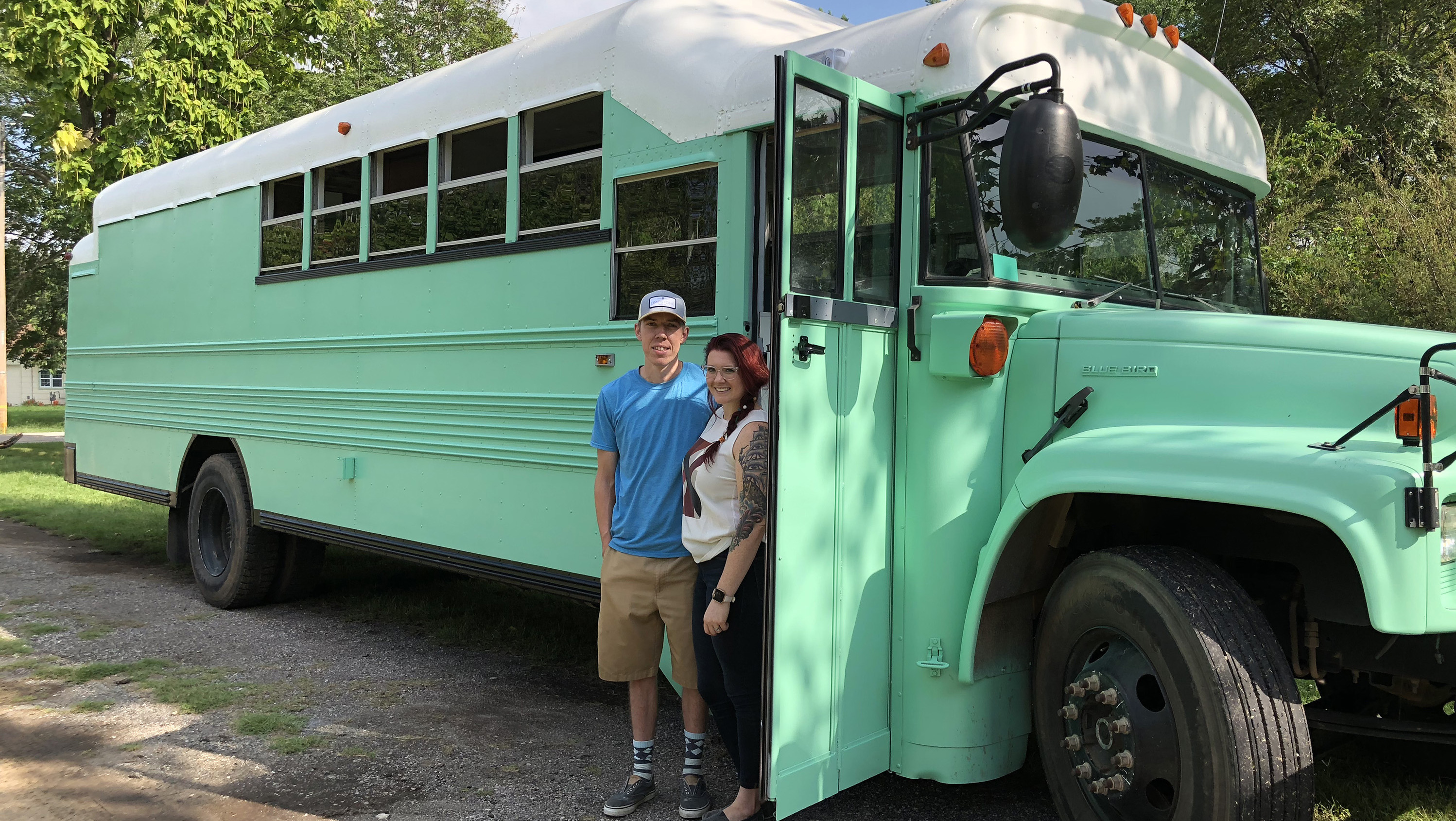 Couple converts school bus into traveling tiny home