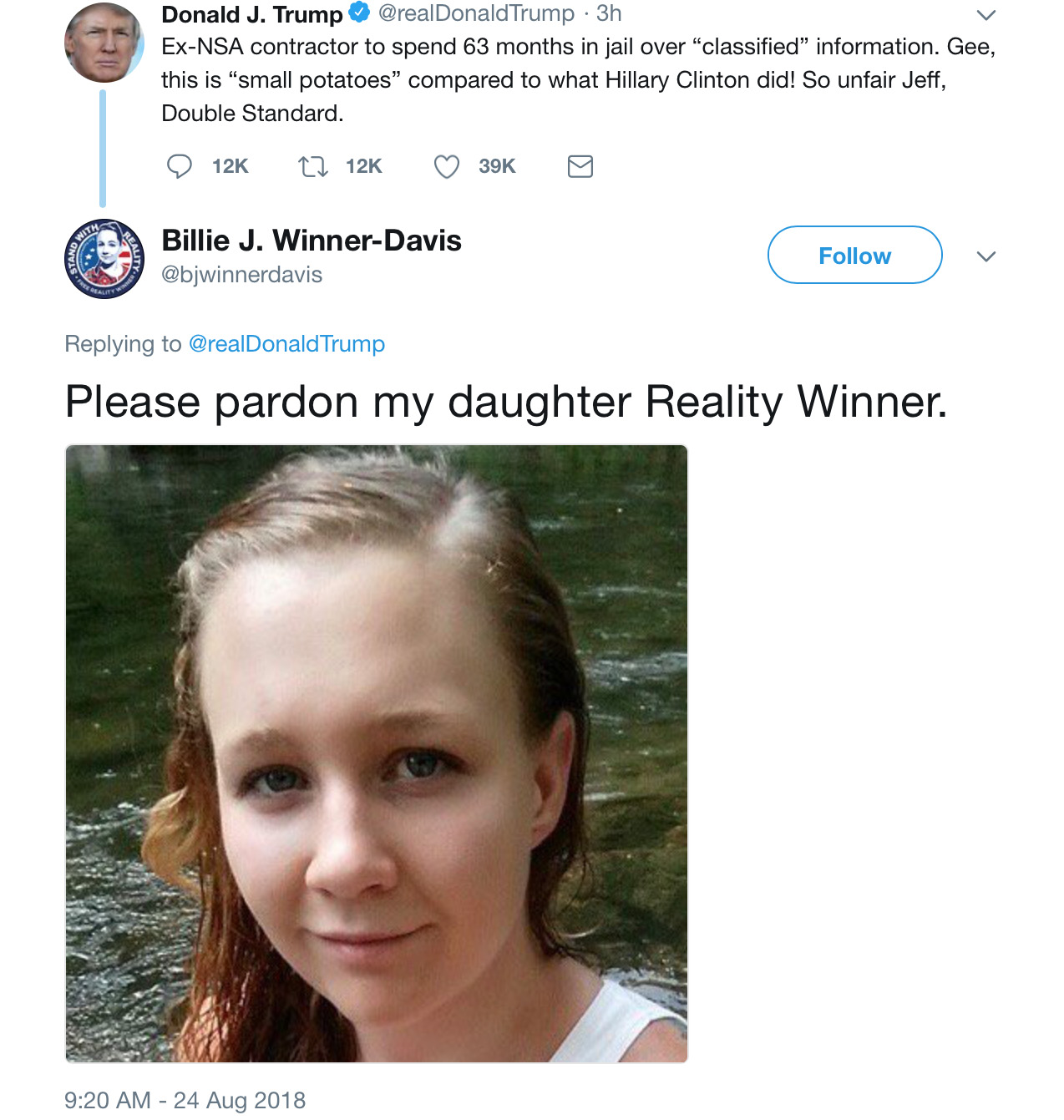 Reality Winner thanks Trump for sympathetic tweet