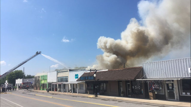 Buildings affected by fire in downtown Locust Grove – 102.3 KRMG