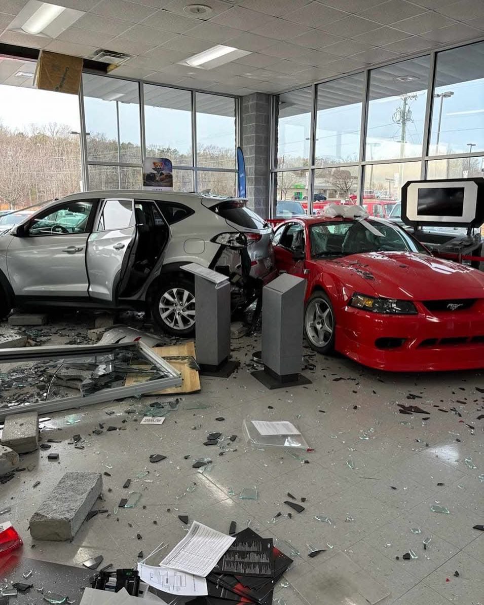 Ford Mustang Cobra R wrecked in dealership showroom crash