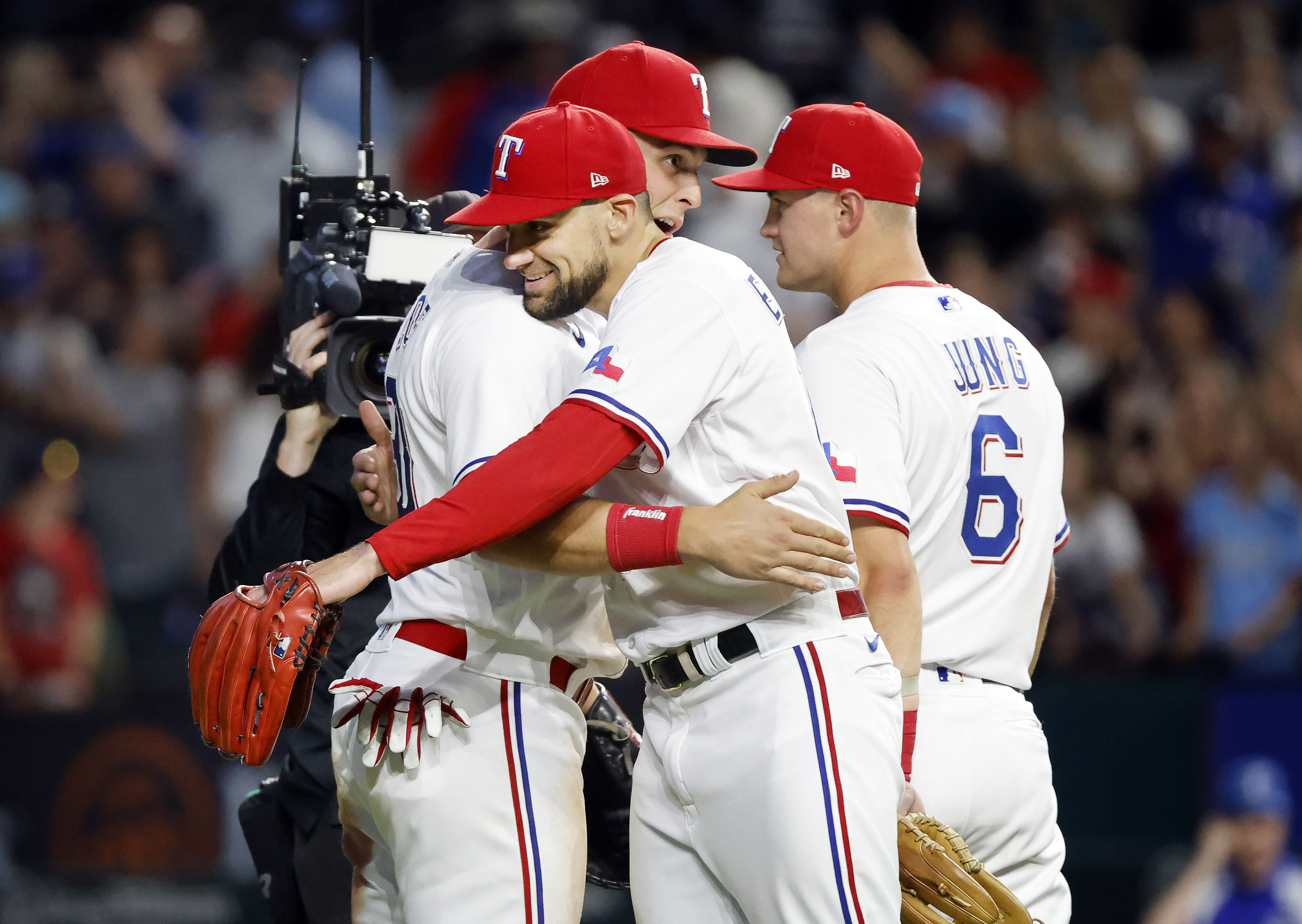 Photos: Rangers' Nathan Eovaldi is doused with sports drink after ...