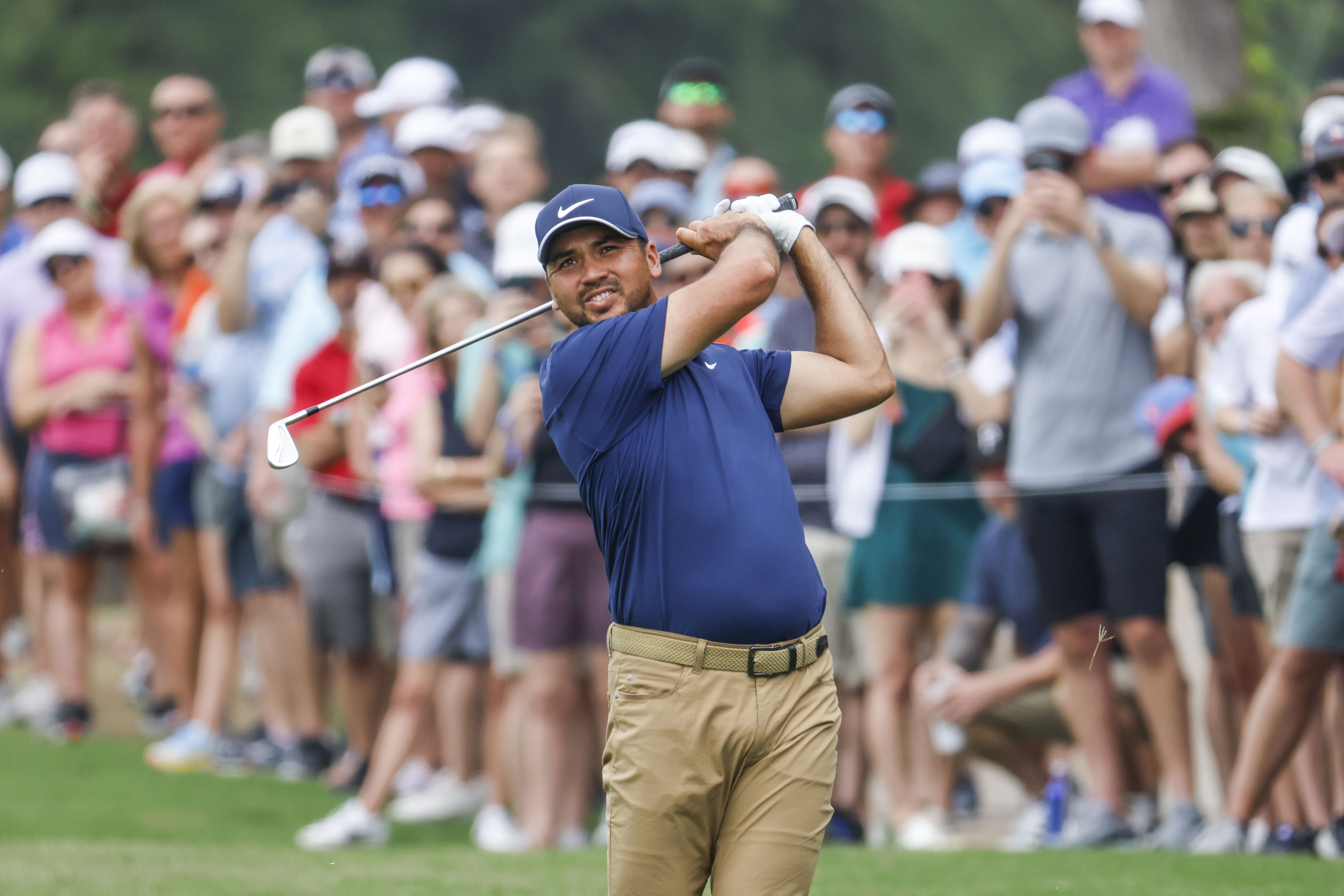 Go for green! Jason Day hits a shot during the AT&T Byron Nelson at TPC ...