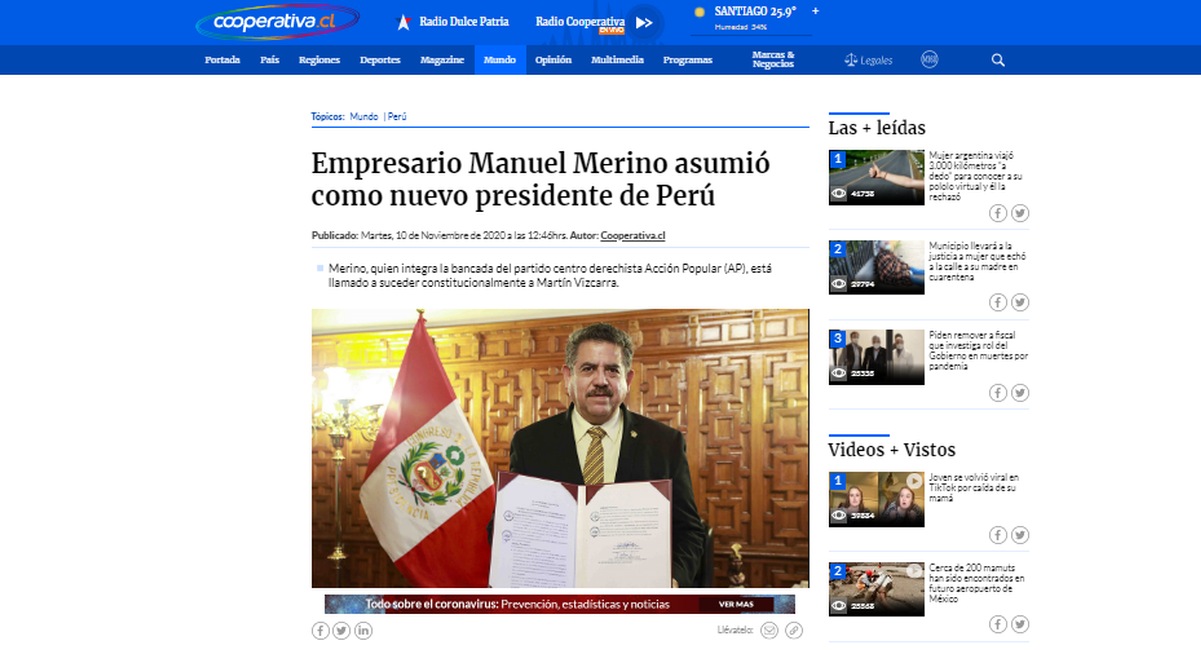 Perú | La asunción de Manuel Merino como presidente en los medios del ...
