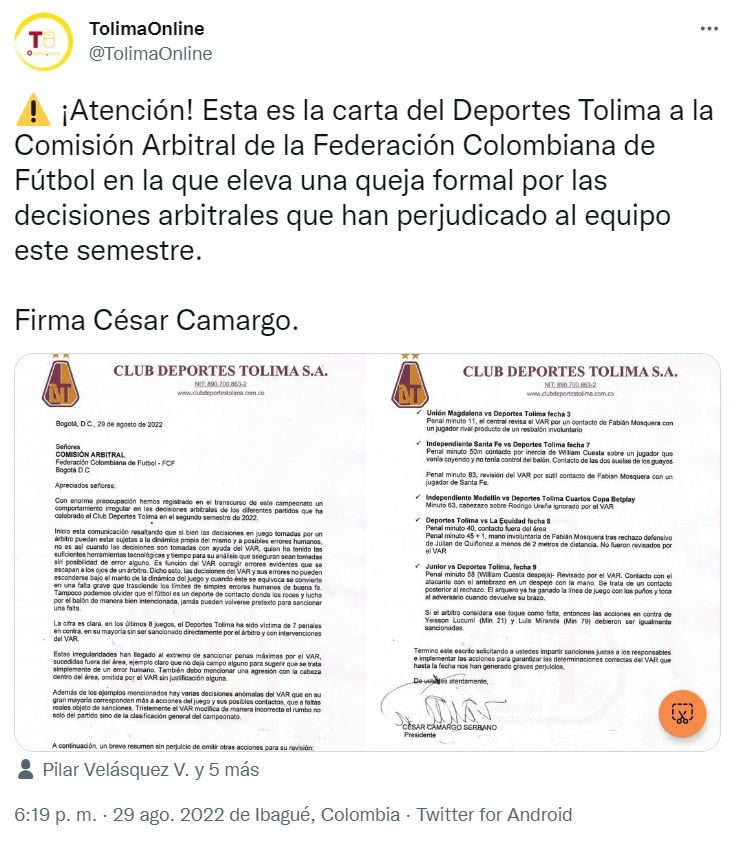 Deportes Tolima Envía Queja A La Dimayor Denunciando Malos Arbitrajes 4876