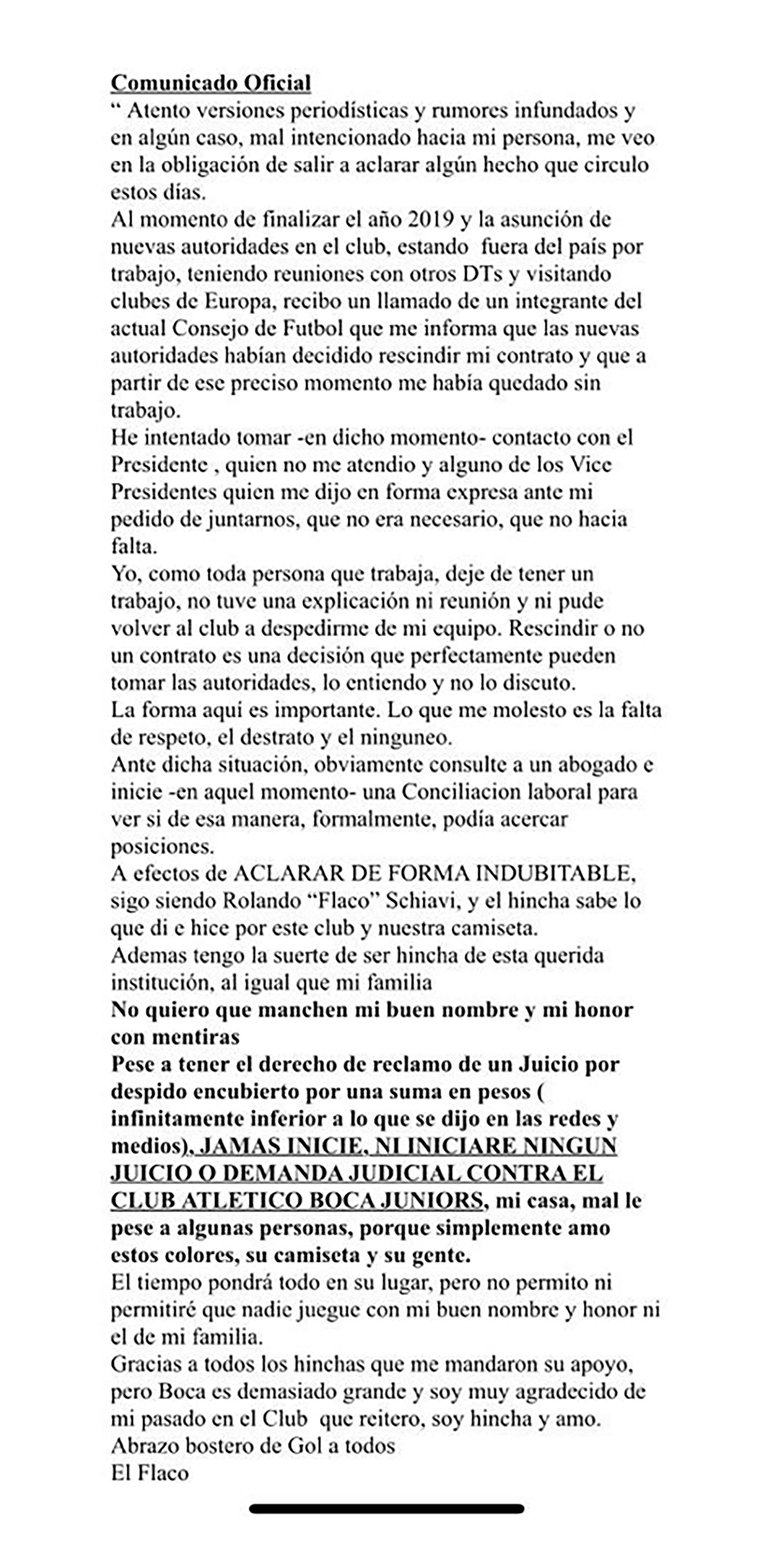 Schiavi Aclaró Que No Le Inició Juicio A Boca Tras Su Despido Y Le