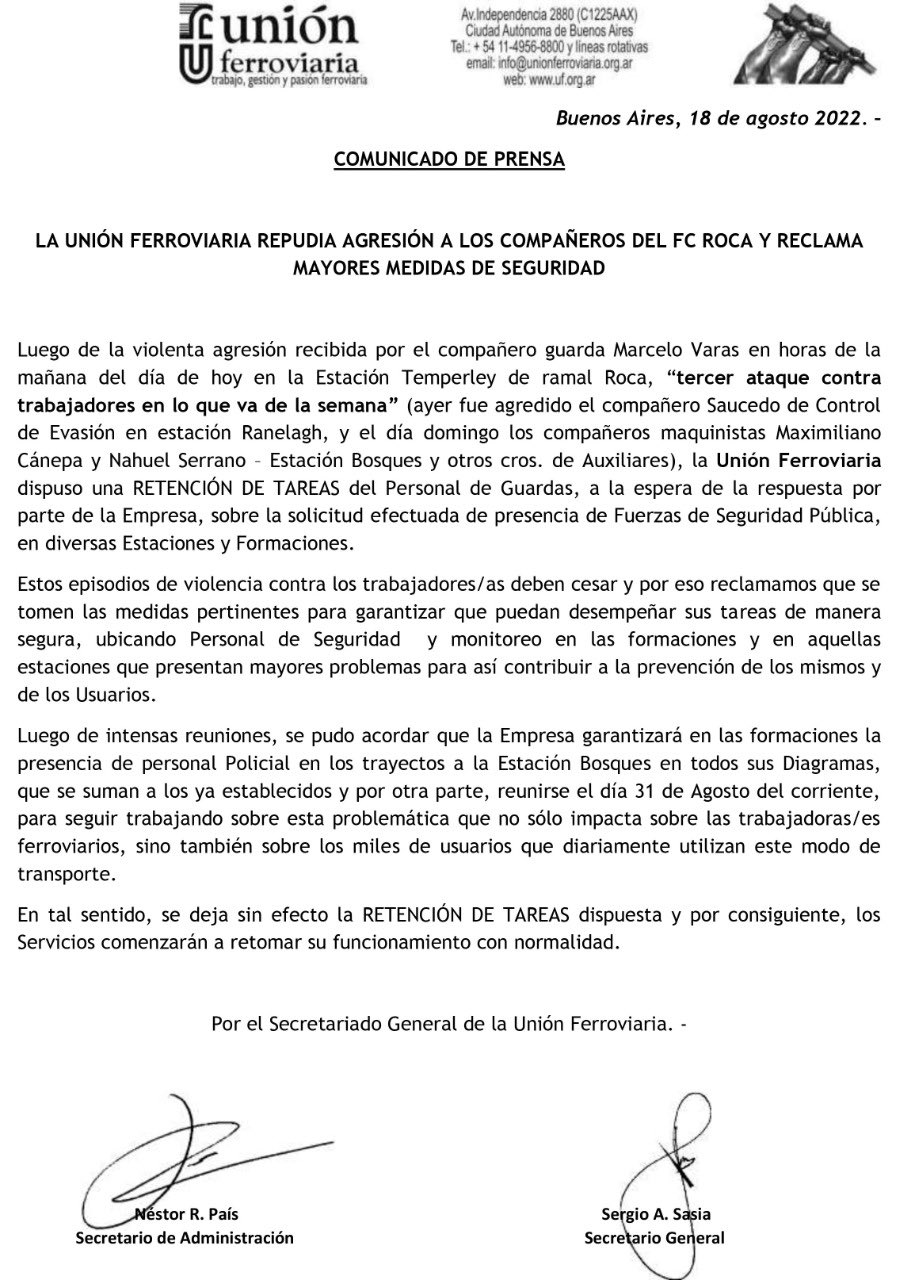 La Unión Ferroviaria Levantó El Paro Y El Tren Roca Retoma El Servicio