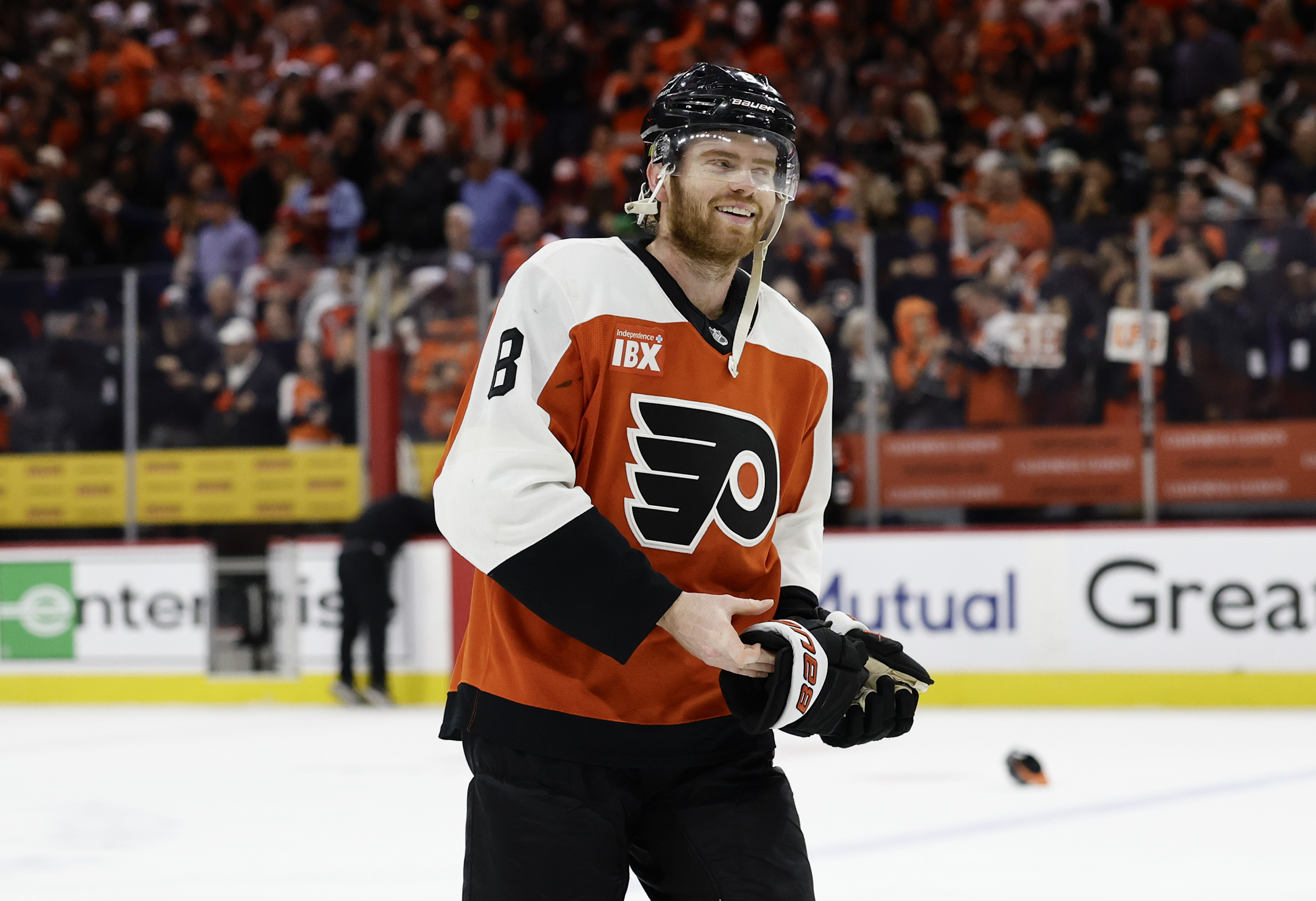 Fans celebrate and Cam York launches stick after Flyers' series win