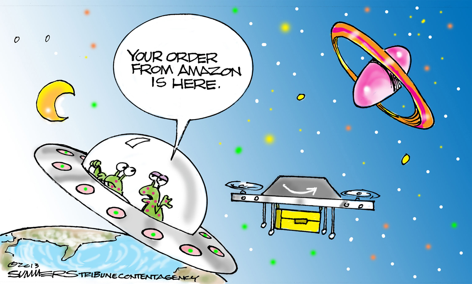 Editorial cartoon: Your Amazon order is here