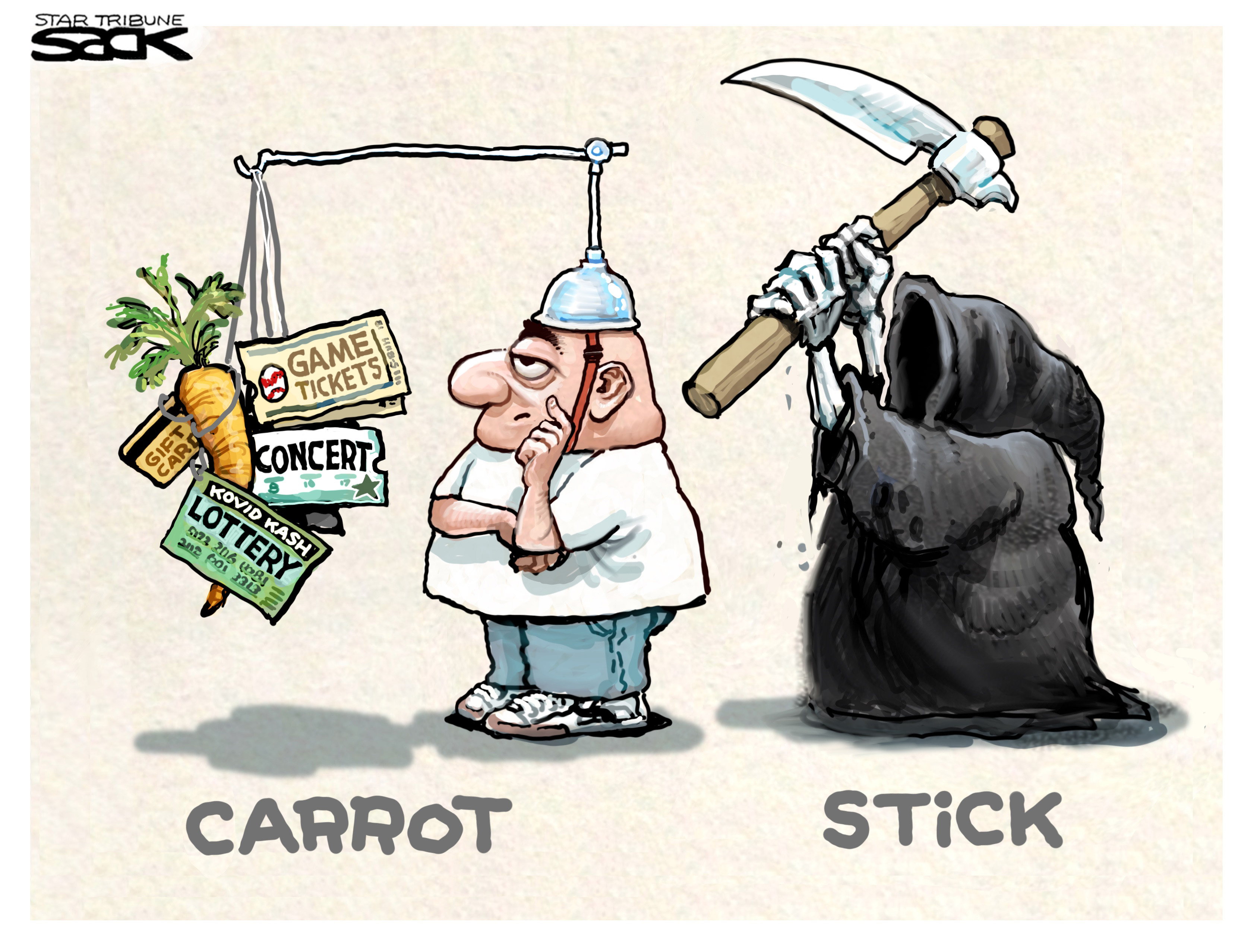 Sack cartoon: Carrot ... stick.