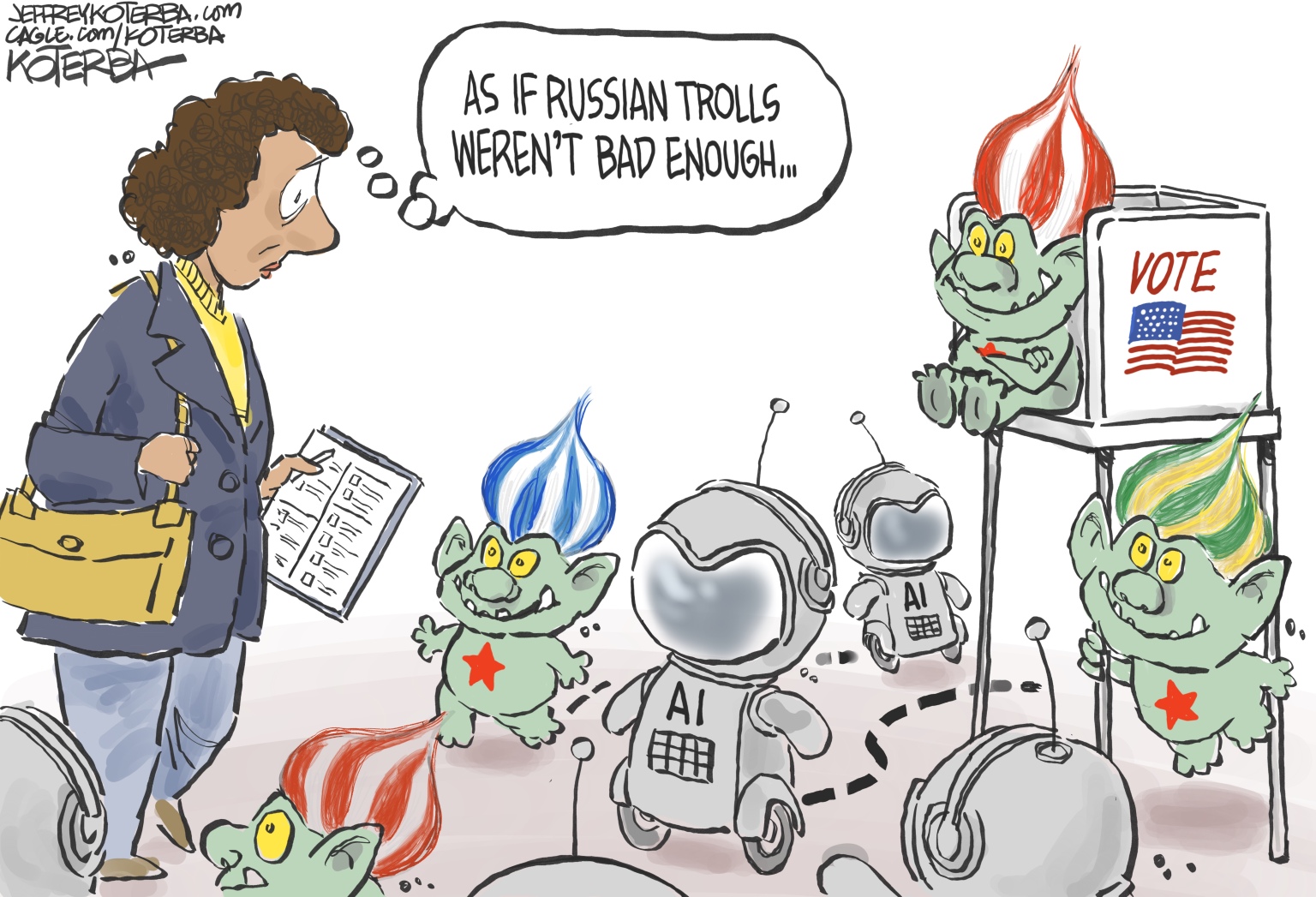 Editorial cartoon: Trolls and bots in 2024