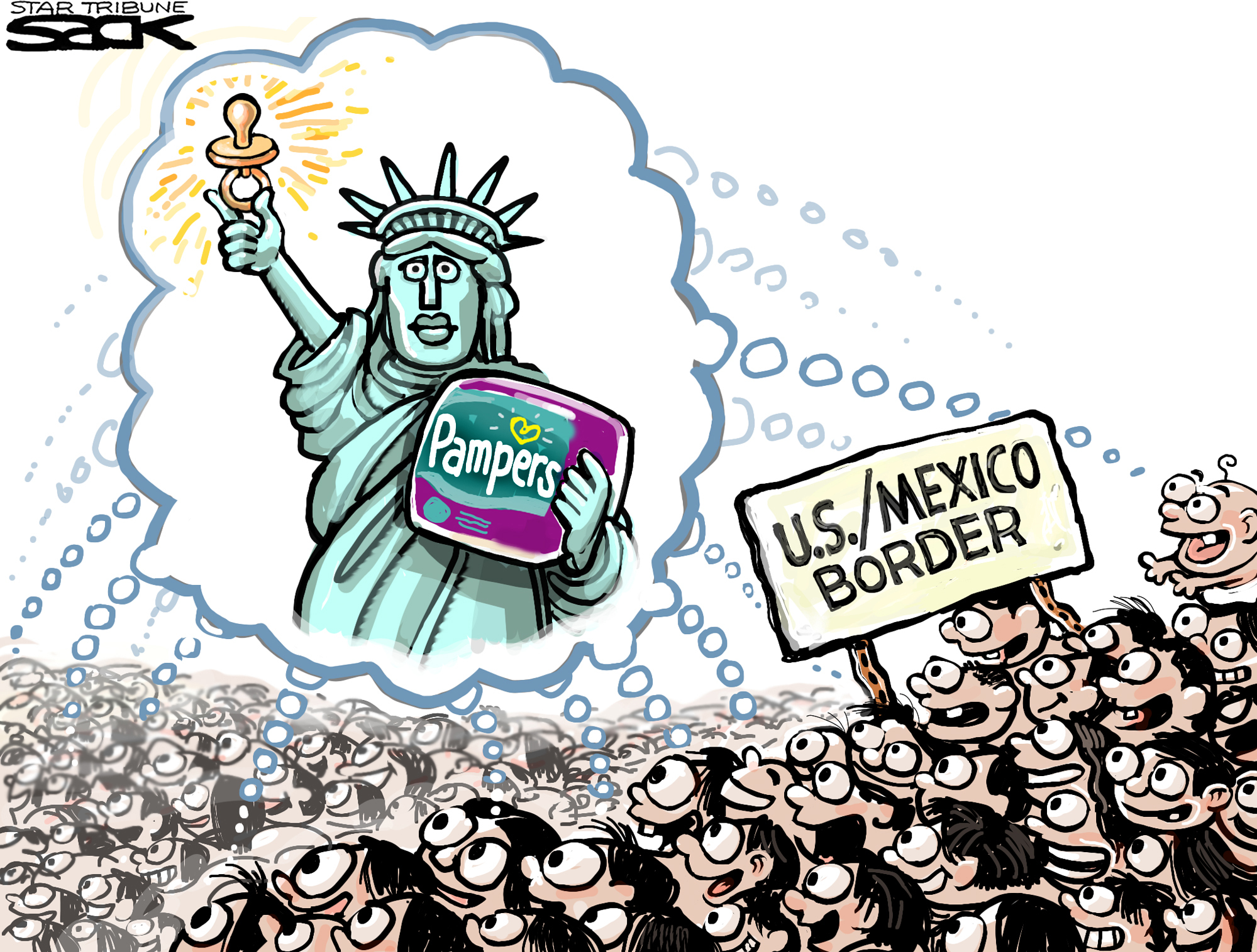 Sack cartoon: Children at the border